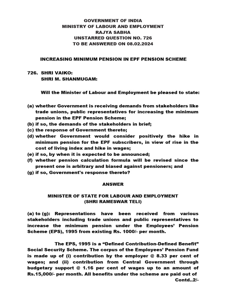 08.02.2024 - Rajya Sabha - Increasing Minimum Pension in EPS - Que. 726 (Shared by Parveen Kohli ...