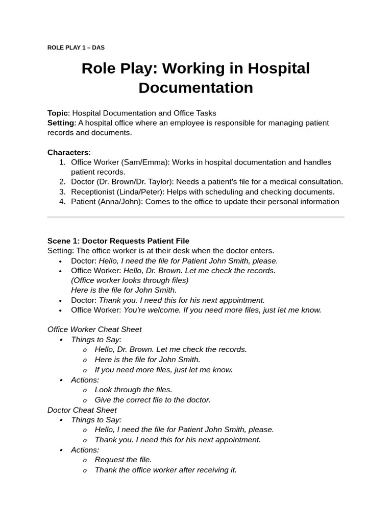 Hospital Role Play: Documentation Tasks | PDF | Information | Cognition