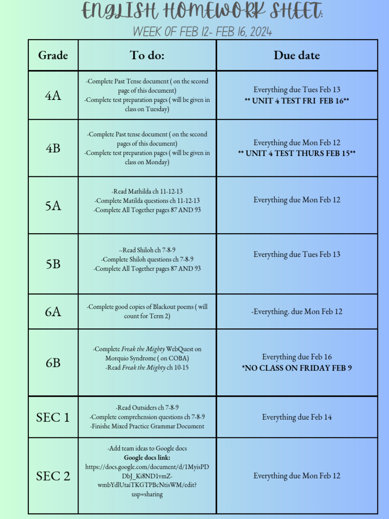 Upcoming Assignments And Due Dates Pdf