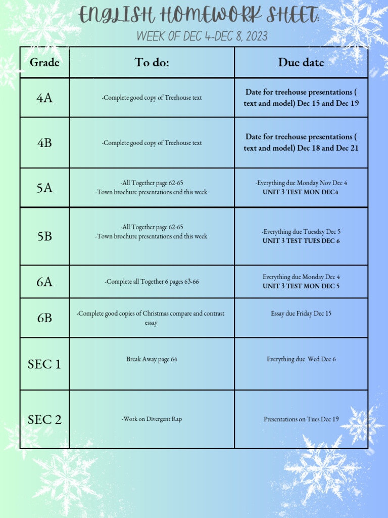 13.english Homework Sheet Dec 4-8, 2023 | PDF