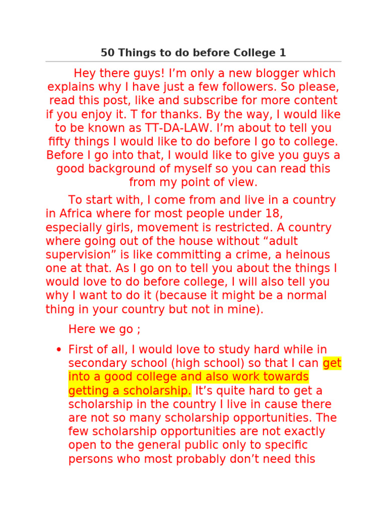 50 Things To Do Before College Pdf