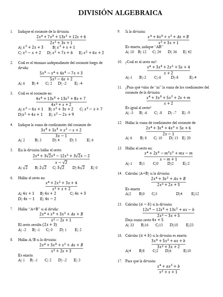 Mat Division Alg. Ejer | PDF | División (Matemáticas) | Matemáticas