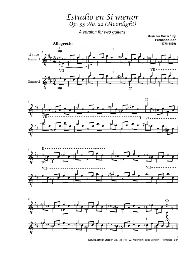 Estudio en Si - Menor (Op. 35 No. 22 Moonlight) Duet Version by Fernando Sor, Arr. For Classical ...