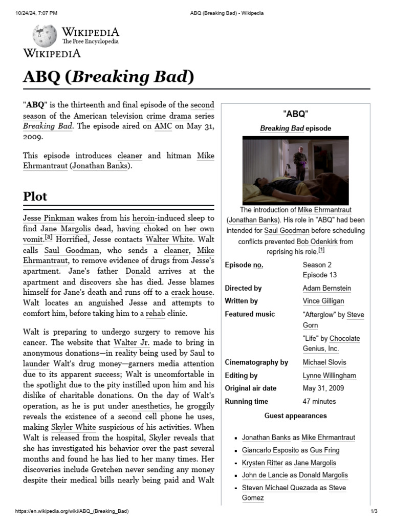 Breaking Bad: Episode ABQ Overview | PDF | Television Series ...