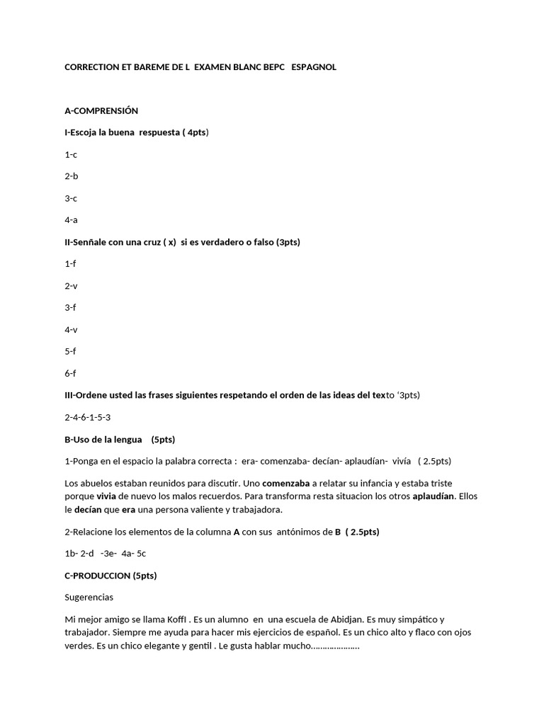 Correction Et Bareme de L Examen Blanc Bepc Espagnol | PDF