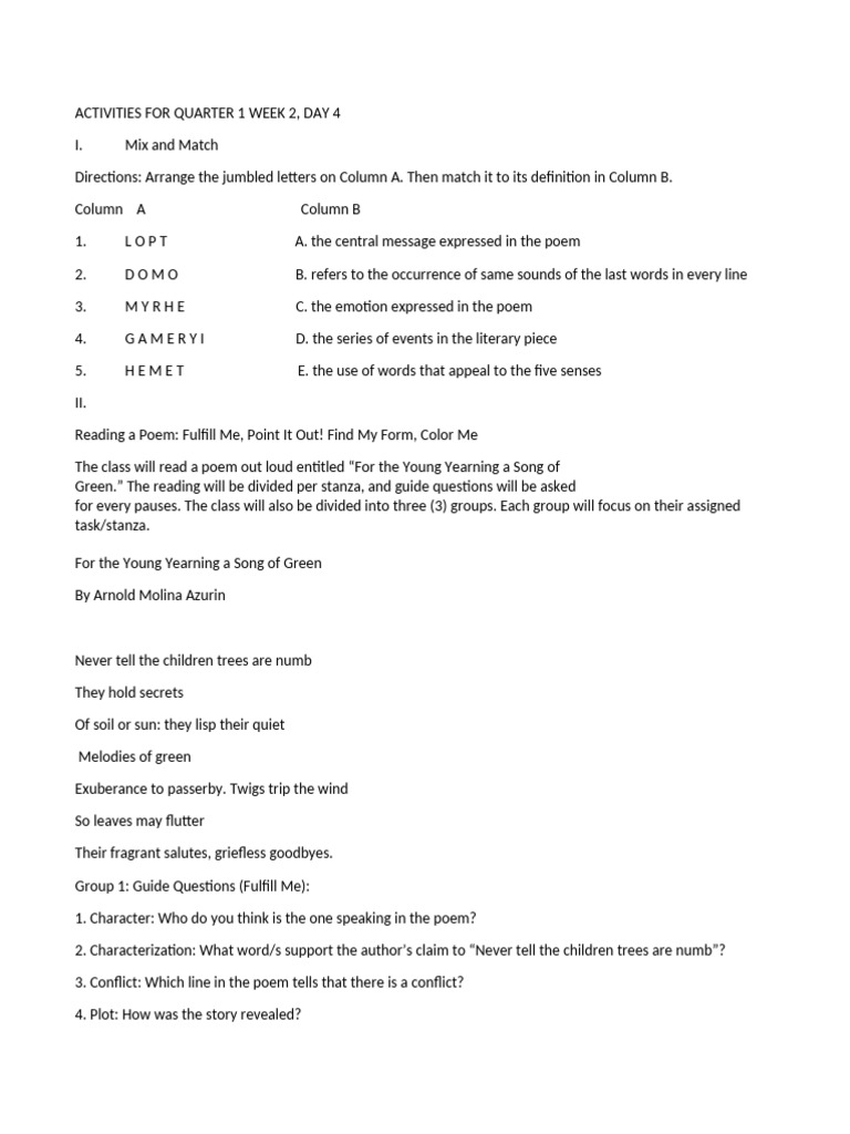 Activities For Quarter 1 Week 2-Day4 | PDF | Poetry