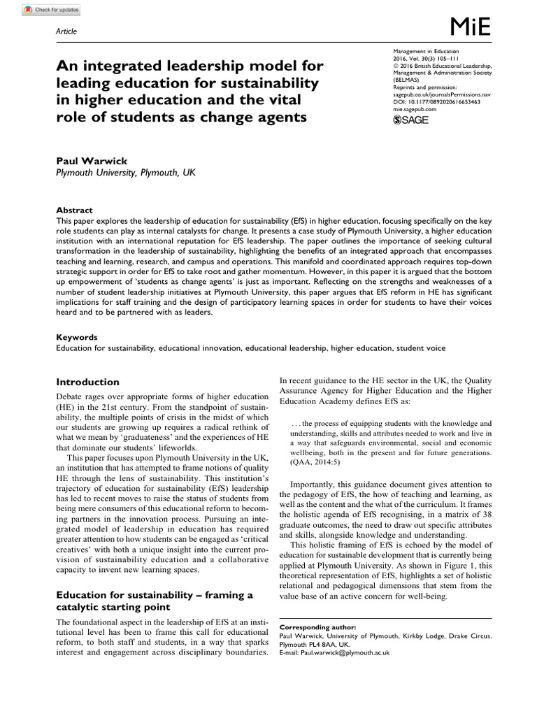 An Integrated Leadership Model For Leading Education For Sustainability ...