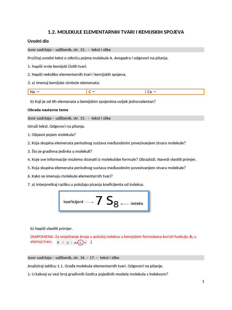 1.2. Molekule Elementarnih Tvari I Kemijskih Spojeva | PDF