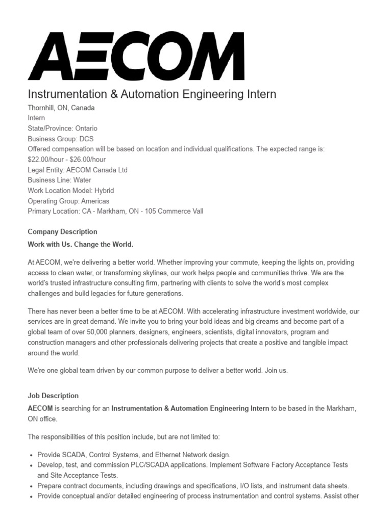 AECOM Instrumentation & Automation Engineering Intern _ SmartRecruiters | PDF | Academic Degree ...