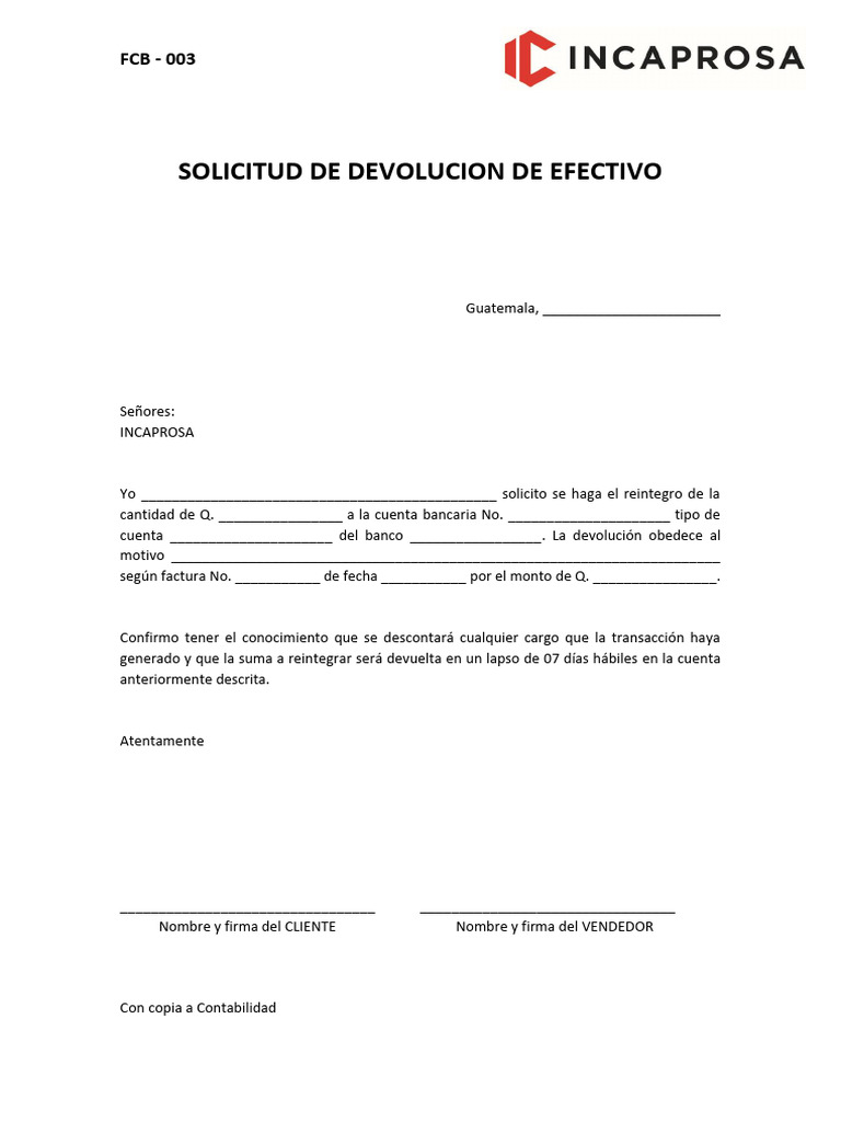 Solicitud de Devolucion de Efectivo | PDF | Negocios | Derecho
