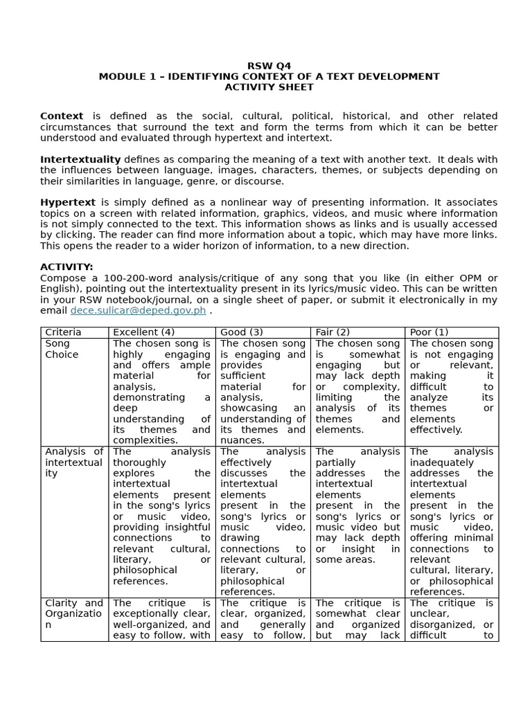 RSW Q4 Activity Sheet Module 1 2 | PDF | Human Communication