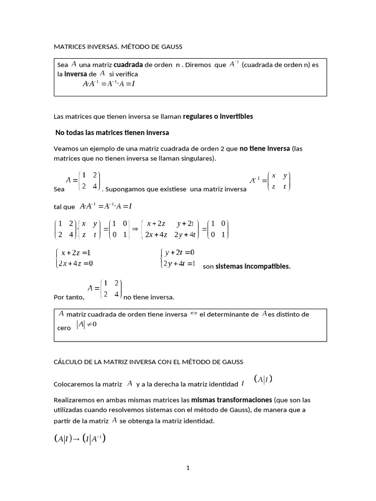 Matrices Inversas. Método de Gauss | PDF | Matriz (Matemáticas) | Sistema de ecuaciones lineales