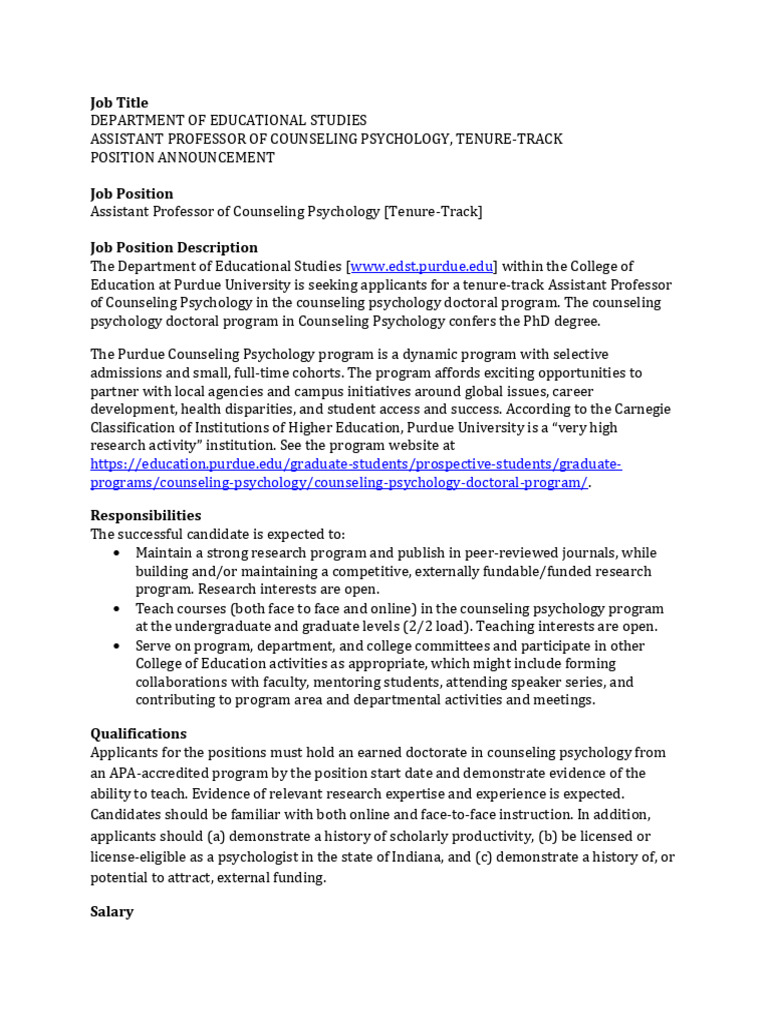 Purdue Counseling Psychology Job Announcement | PDF | Doctor Of ...