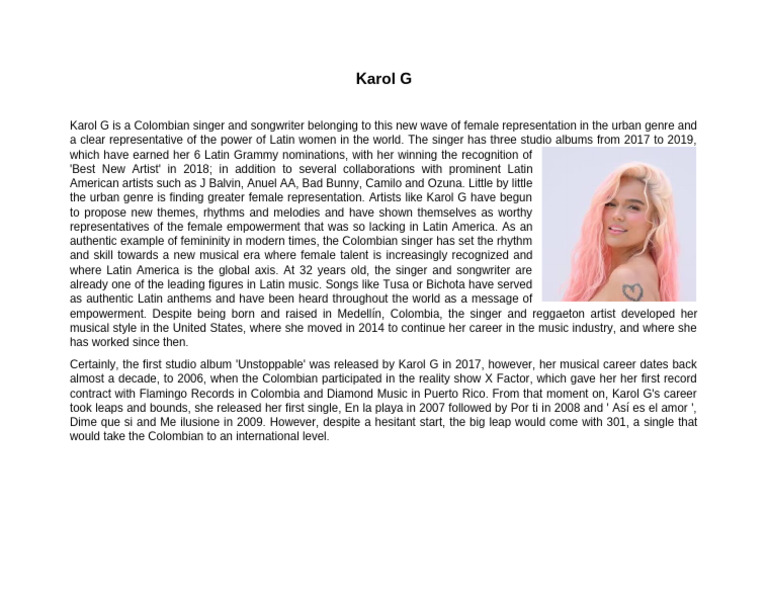 Karol G: Rise of a Latin Music Icon | PDF