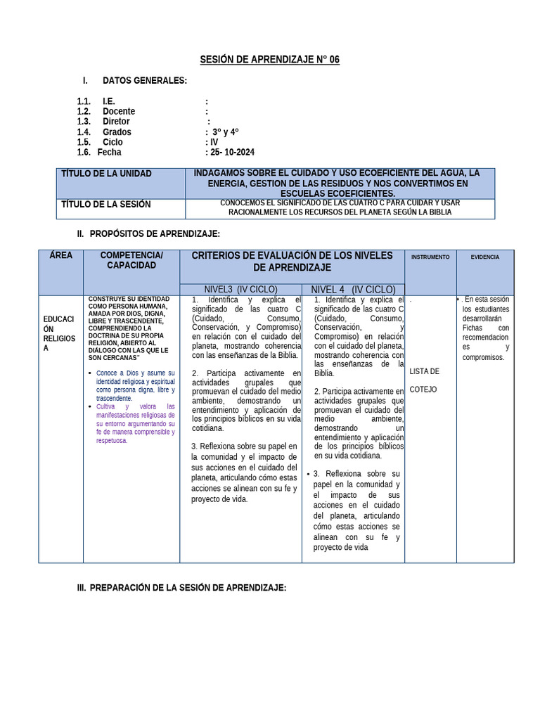 SESION N° 6 ED. RELIGIOSA - 24-10-2024 REVISAR | PDF | Biblia | Enseñando