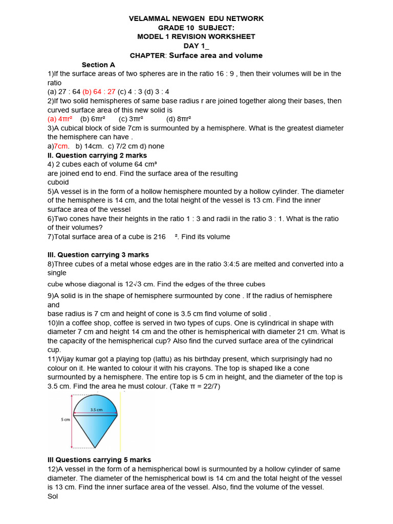 Maths Day 1 Suurface Area and Volume | PDF | Sphere | Area