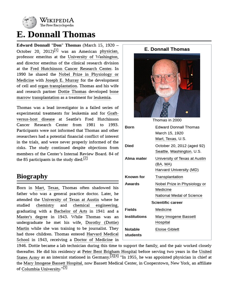 E. Donnall Thomas | PDF | Medicine | Medical Specialties