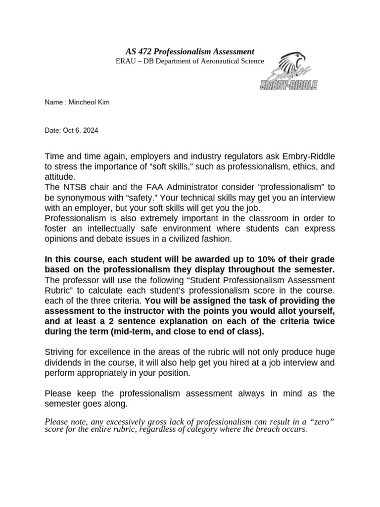 1d. As 472 Professionalism Assessment (10% of Grade) | PDF ...