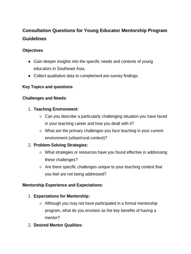 FGD Questions For Young Educator Mentorship Program Guidelines | PDF