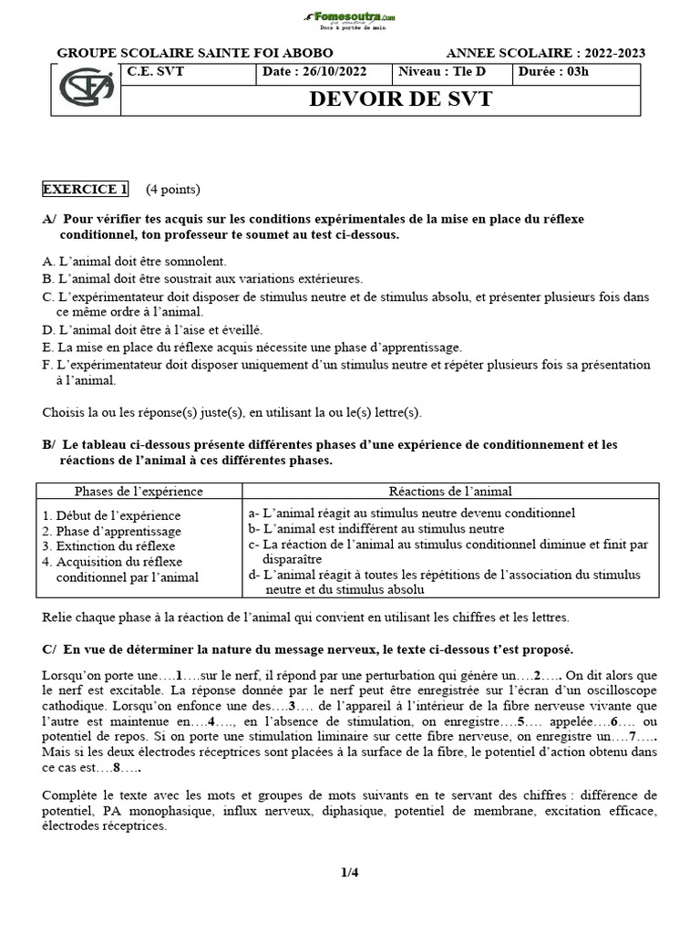 Devoir SVT TD | PDF