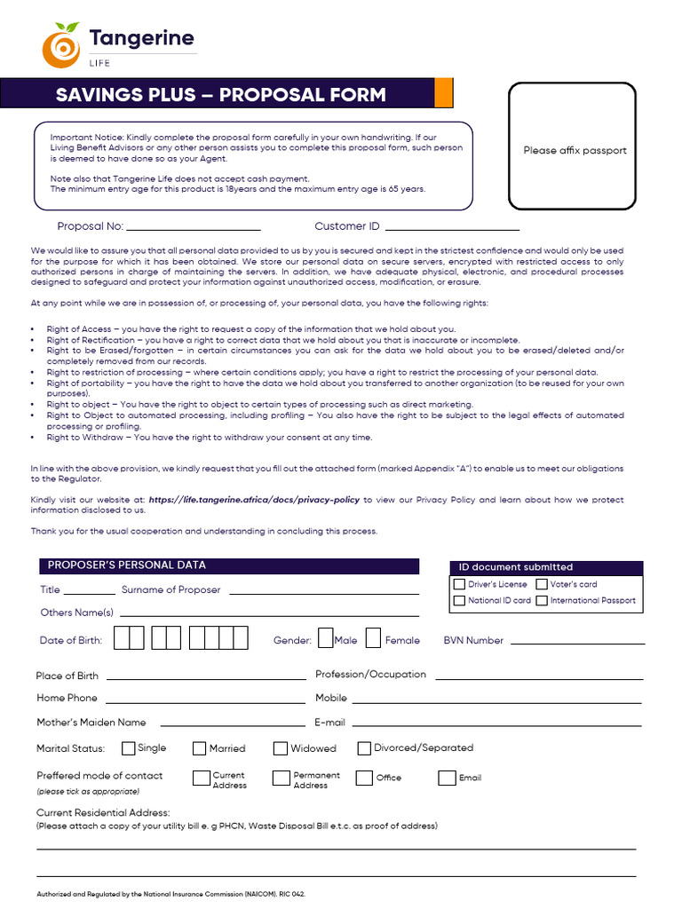 Savings Plus - Proposal Form | PDF | Identity Document