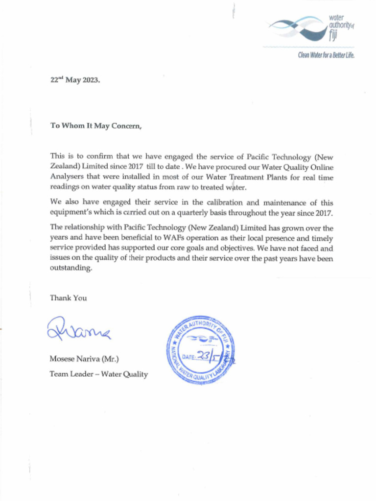 Letter For Confirmation - Water Authority of Fiji | PDF