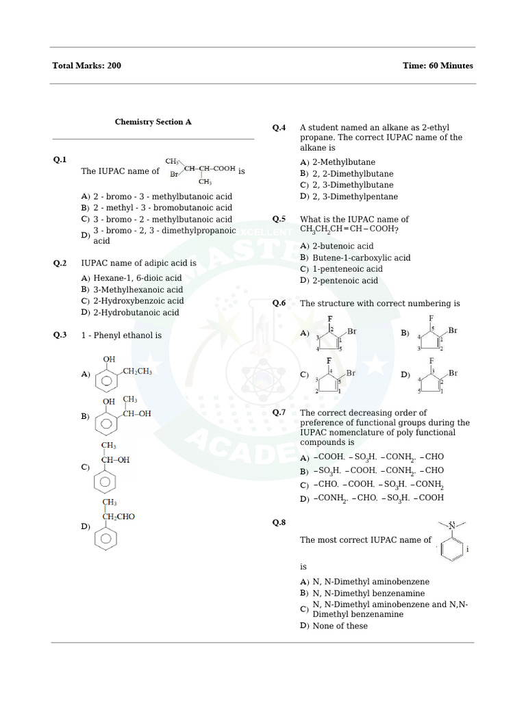 Chemistry IUPAC Nomenclature Quiz | PDF | Functional Group | Carbon ...