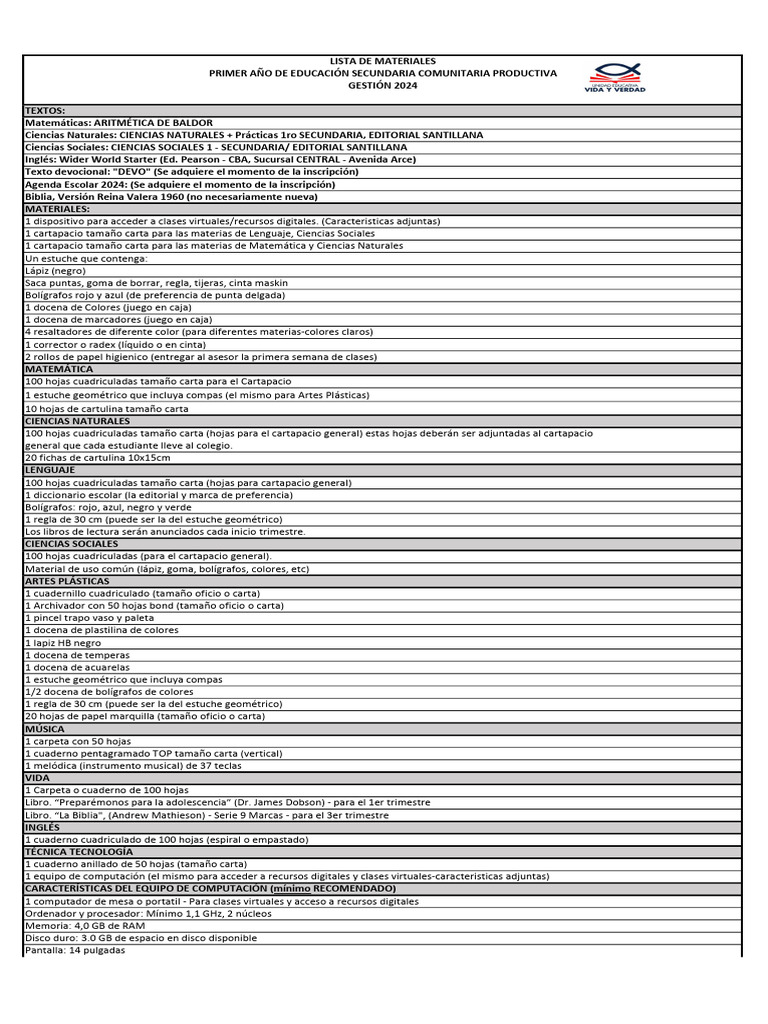 Lista de Materiales-2024 1ro Secundaria | PDF | Cuaderno