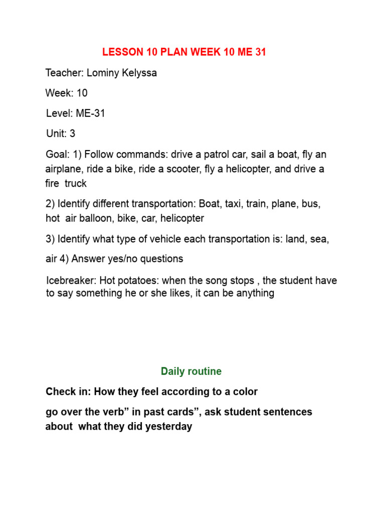 Lesson10 Plan Week 10 Me 31 | PDF