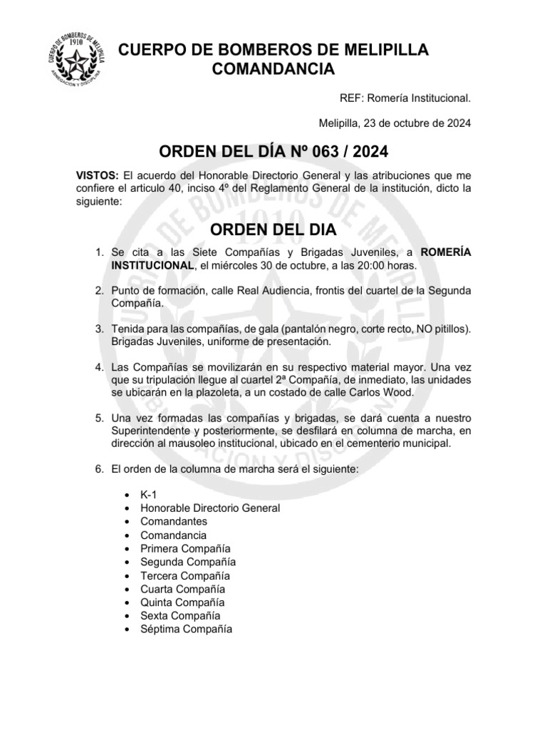 Orden Del Dia 063 - 2024 RomerÃ - A MÃ¡rtires de La InstituciÃ N. | PDF | Conflictos ...