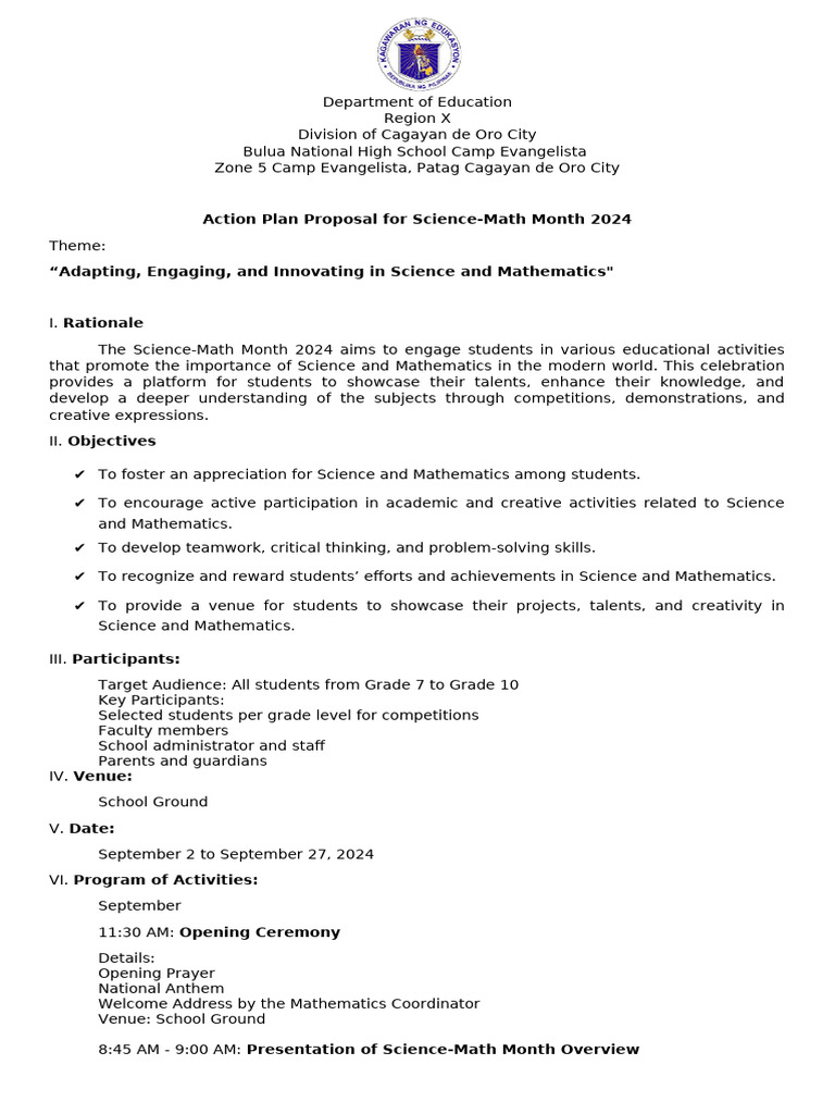 Action Plan Proposal - Sci-Math Month Celeb 2024 | PDF | Cognition | Learning