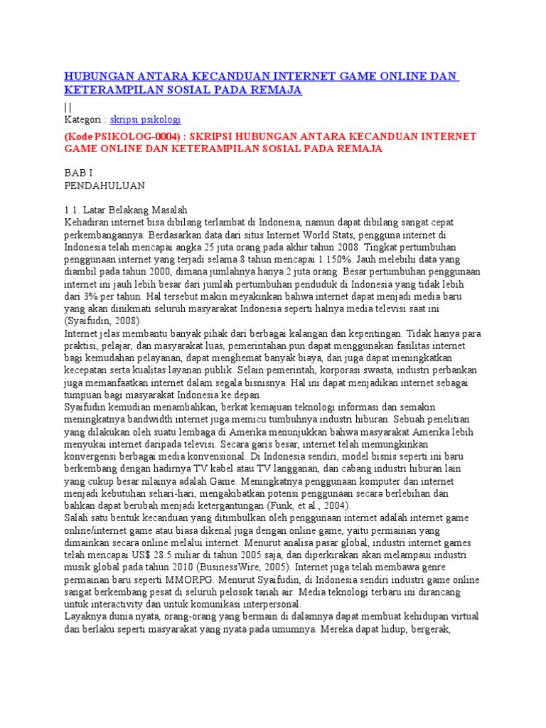 Hubungan Antara Kecanduan Internet Game Online Dan Keterampilan Sosial ...