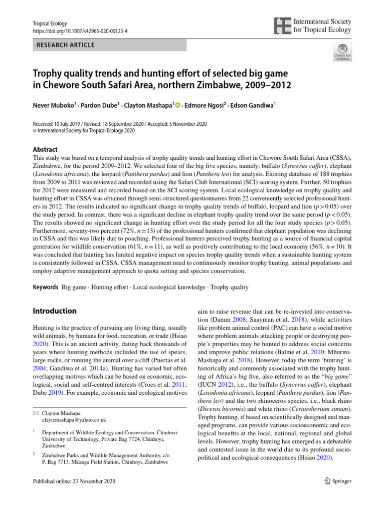 Trophy Quality Trends in Zimbabwe Hunting | PDF | Hunting | Big Game ...