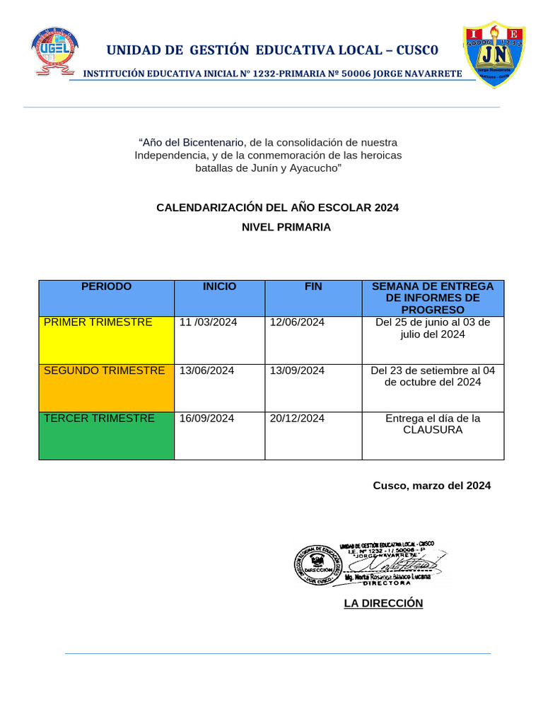 Primaria - Calendarización Del Año Escolar 2024 | PDF