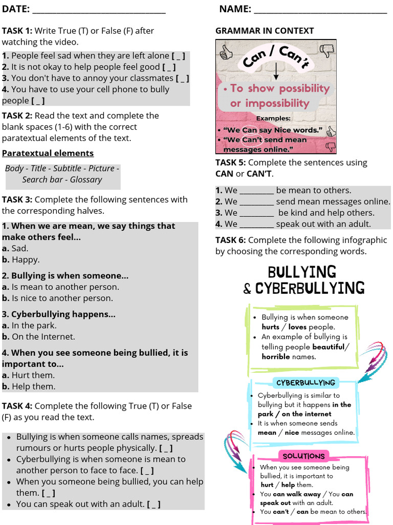 Worksheet - Bullying & Cyberbullying-1 | PDF | Cyberbullying | Bullying