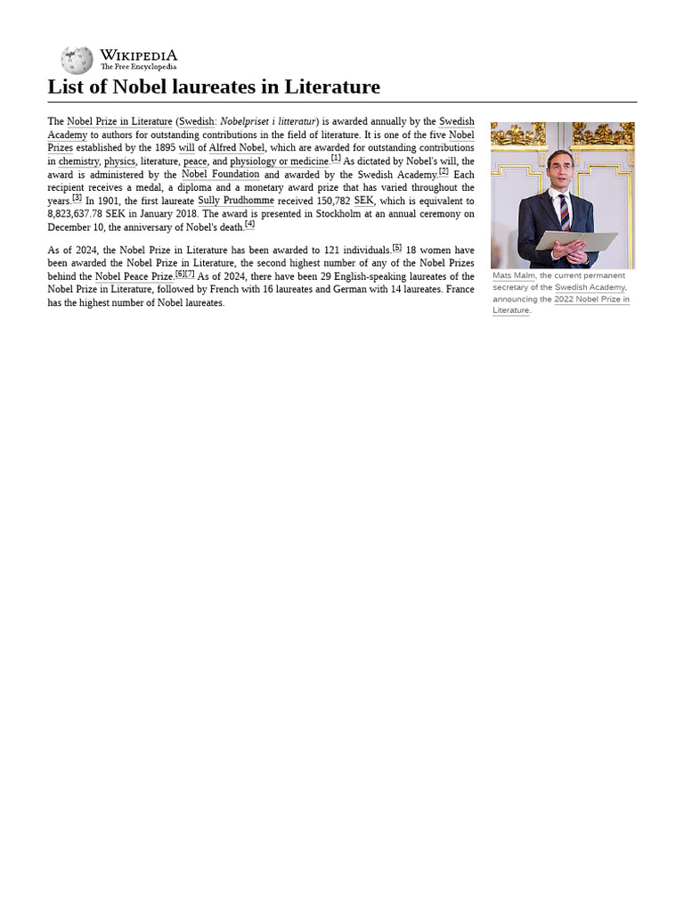 Nobel Prize in Literature Laureates List | PDF | Nobel Prize