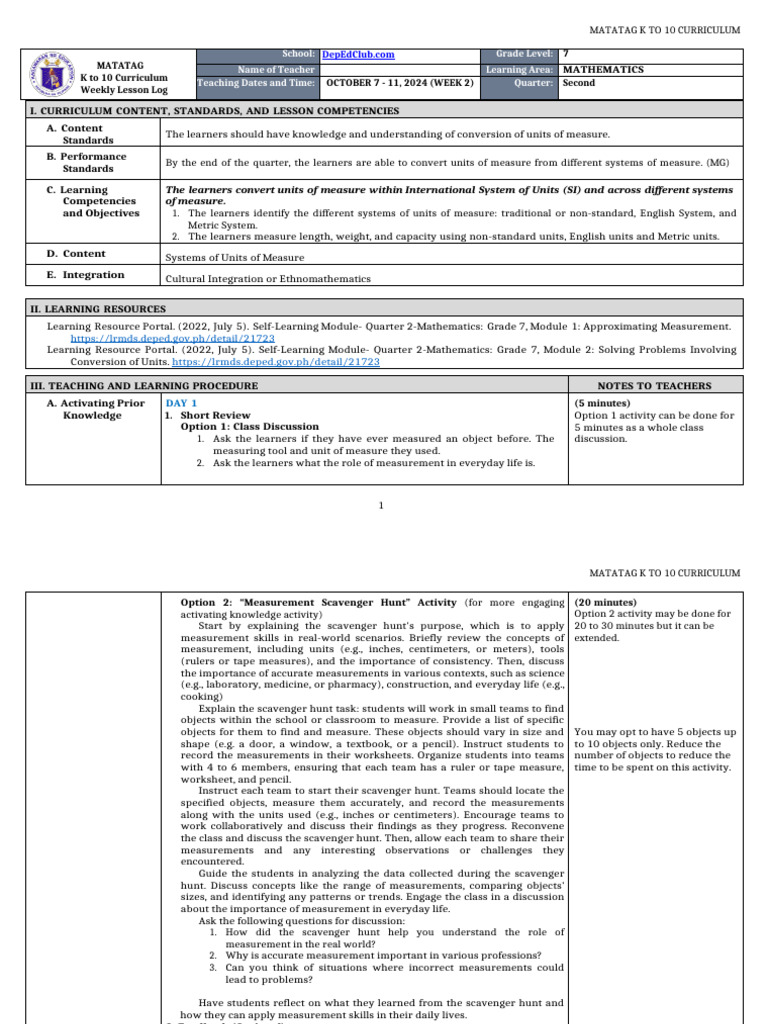 DLL Matatag - Mathematics 7 Q2 W2 | PDF | Measurement | Gallon