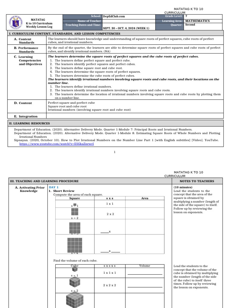 DLL Matatag - Mathematics 7 q2 w1 | PDF | Numbers | Square Root