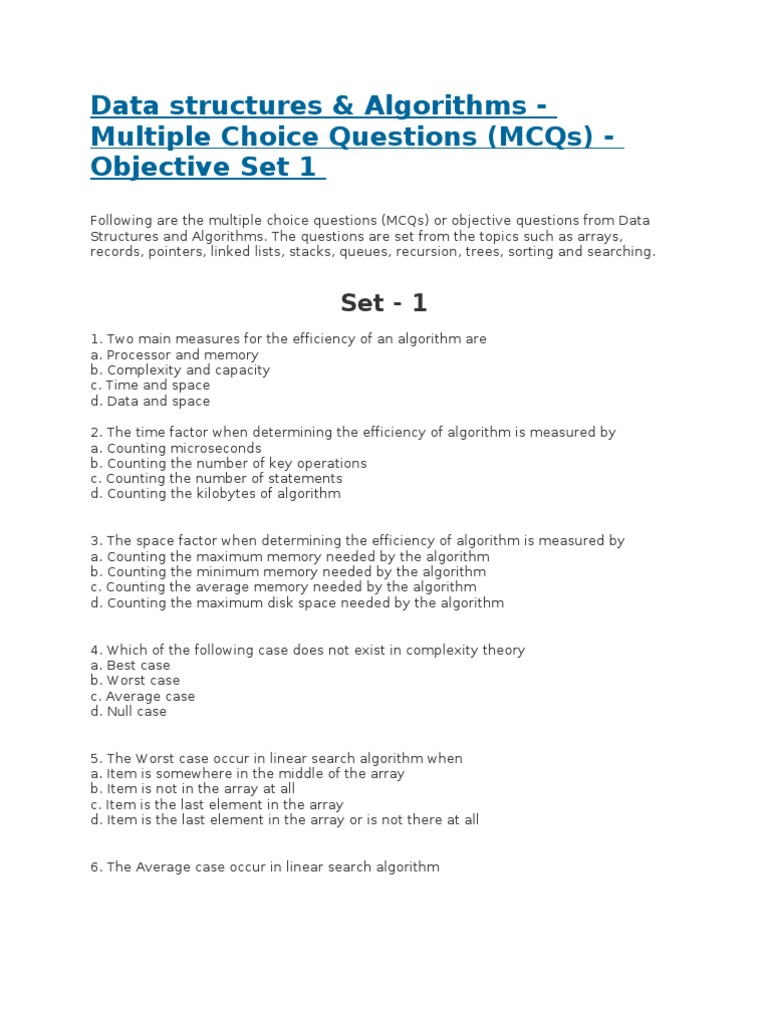 Data Structures And Algorithms Multiple Choice Questions Mcqs Objective