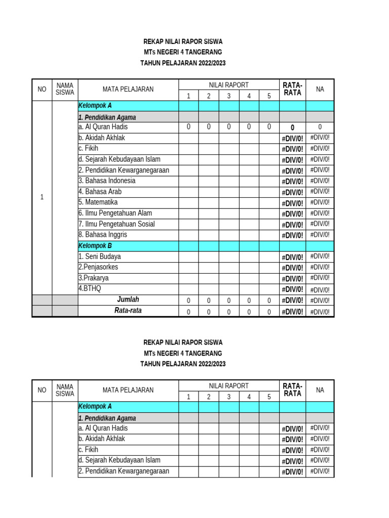 Format Rekap Nilai Rapor KLS 9 (Sem 1-5) Tahun 2022 | PDF | Kajian Bahasa Asing