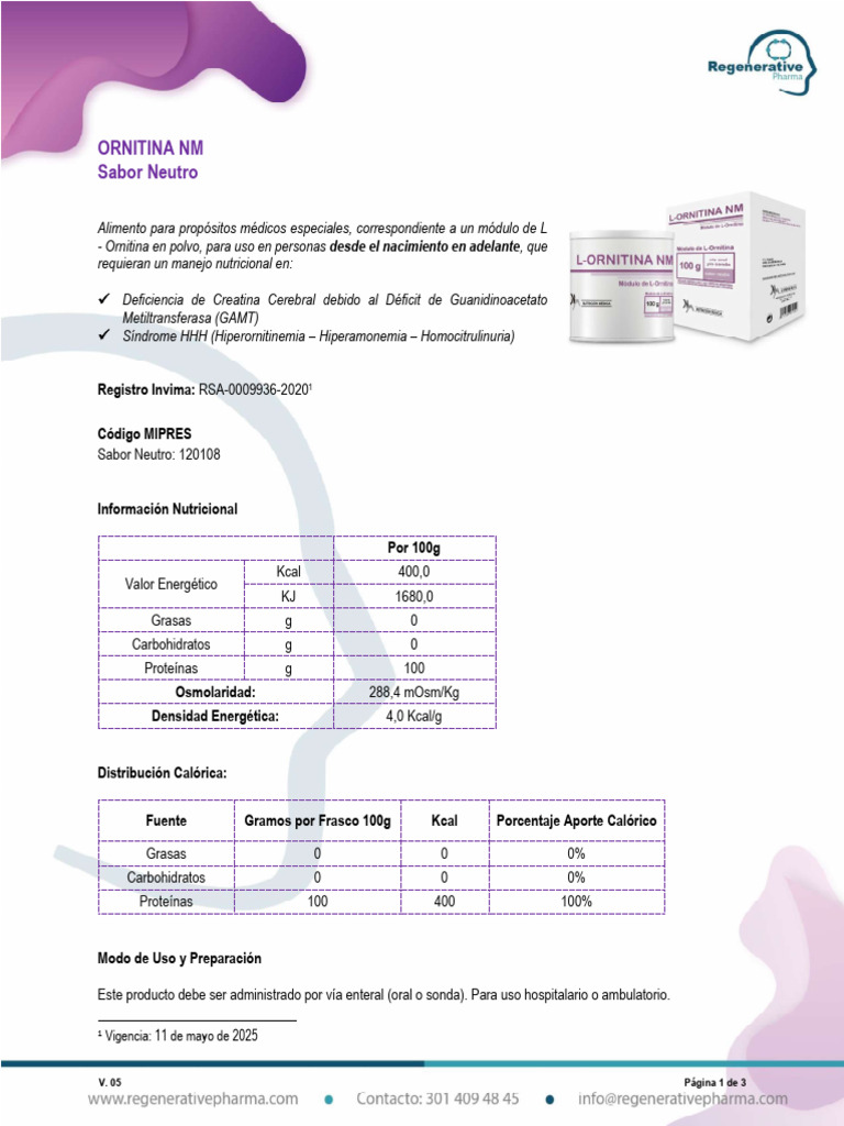 Ficha Técnica L-Ornitina NM | PDF | Caloría | Energía alimentaria