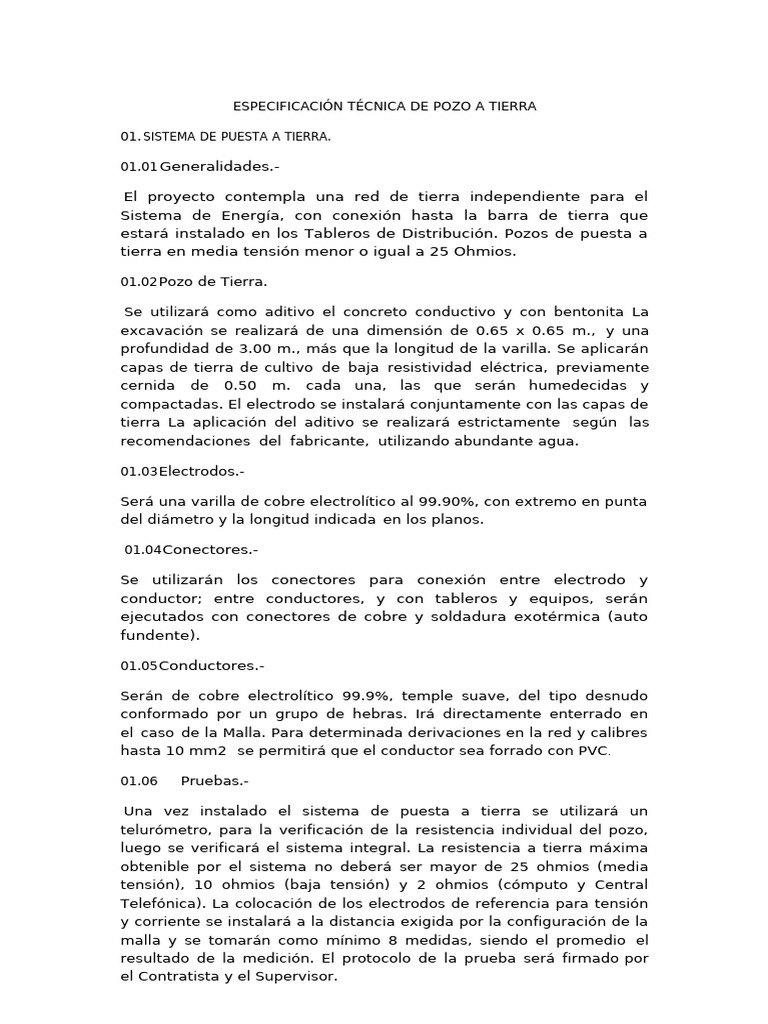 Especificación Técnica de Pozo a Tierra | PDF | Conductor electrico | Cobre
