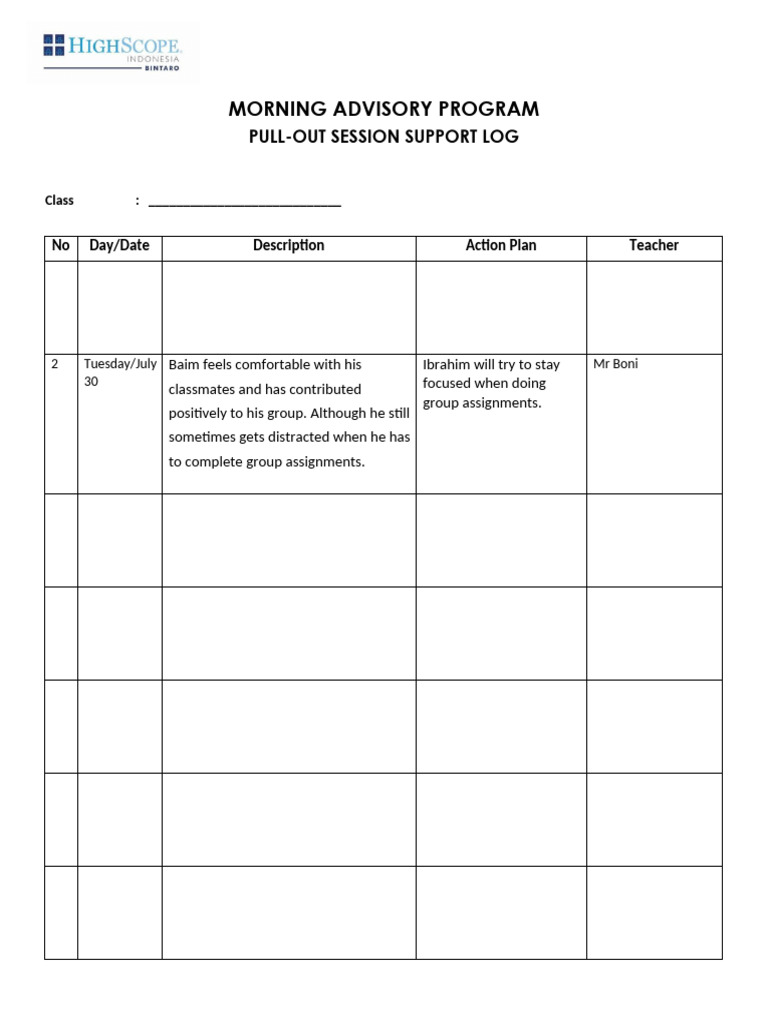 Morning Advisory Program Support Log | PDF