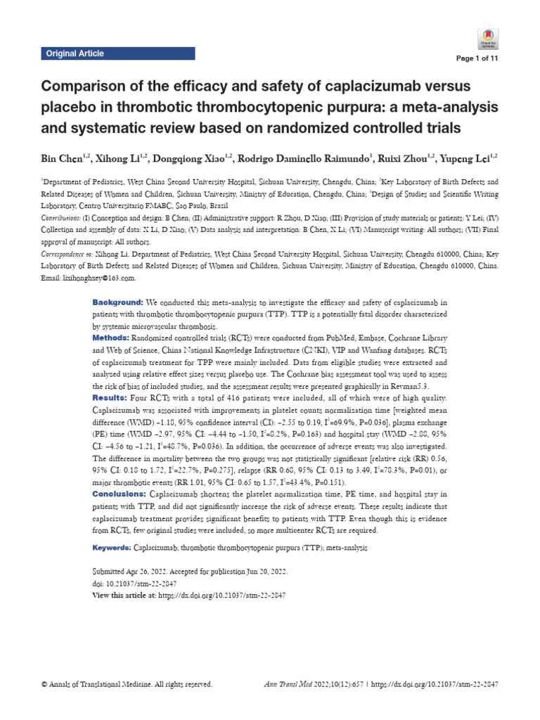 Comparison of The Efficacy and Safety of Caplacizumab | PDF ...