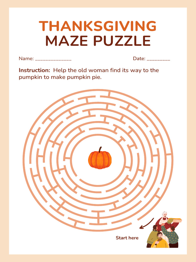 Thanksgiving Maze Puzzles Worksheet Orange in Cute Style | PDF