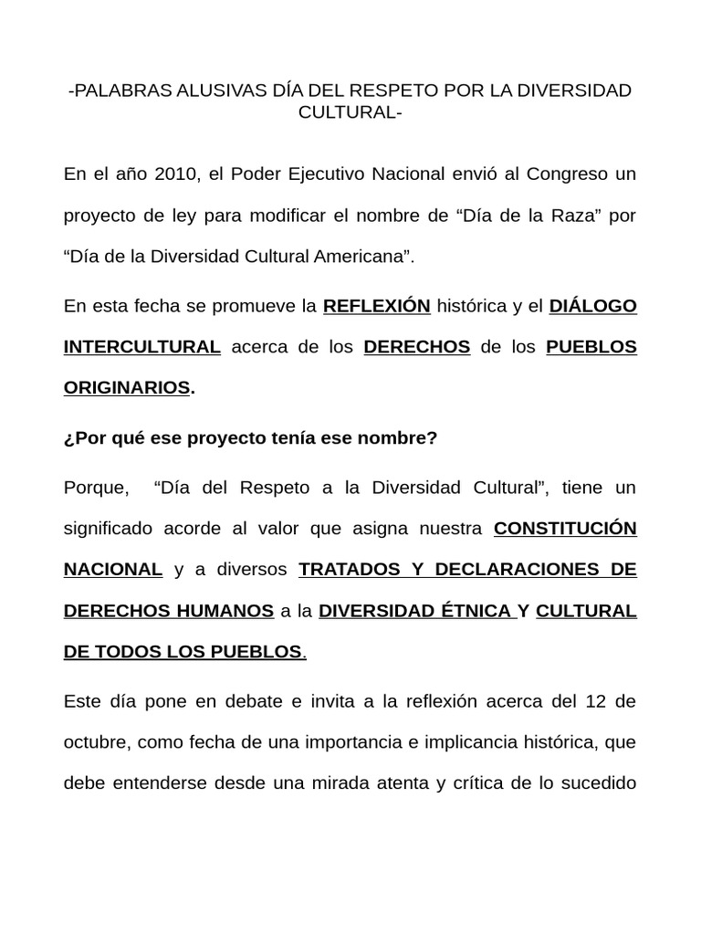 PALABRAS ALUSIVAS DÍA DEL RESPETO POR LA DIVERSIDAD CULTURAL | PDF