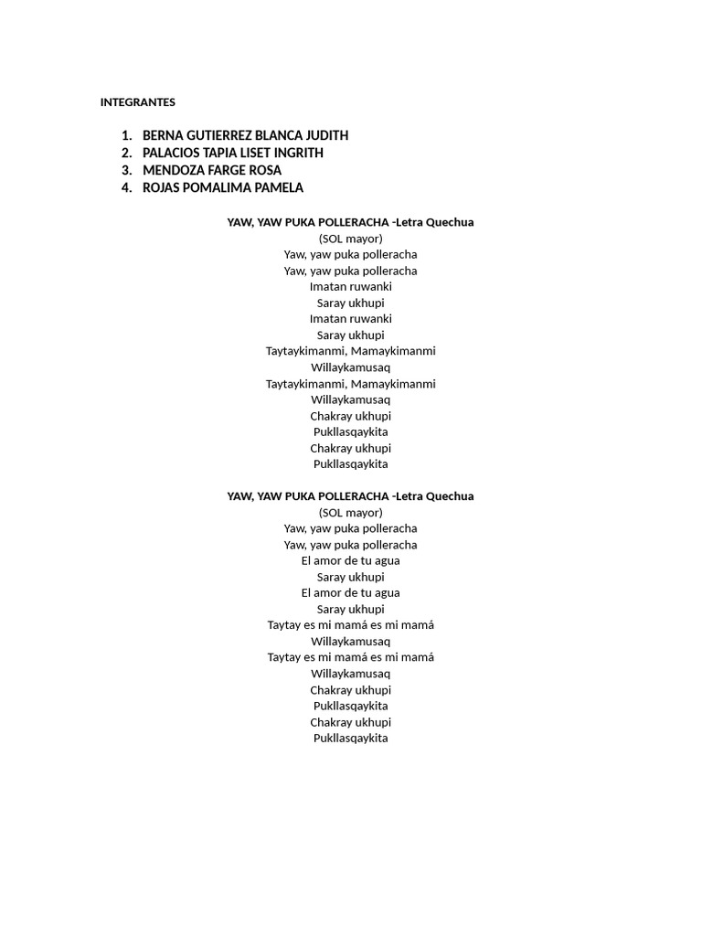 Canción Quechua: Yaw, Yaw Puka Polleracha | PDF