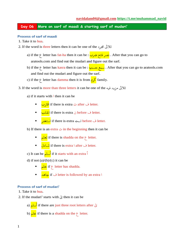 SD 06 - More On Sarf of Maadi & Starting Sarf of Mudari' | PDF ...