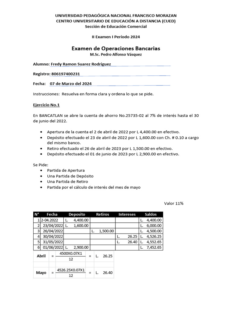 Exa. Depósitos de Ahorro y Término O. B. I.P.2024 - Fredy Suarez | PDF ...