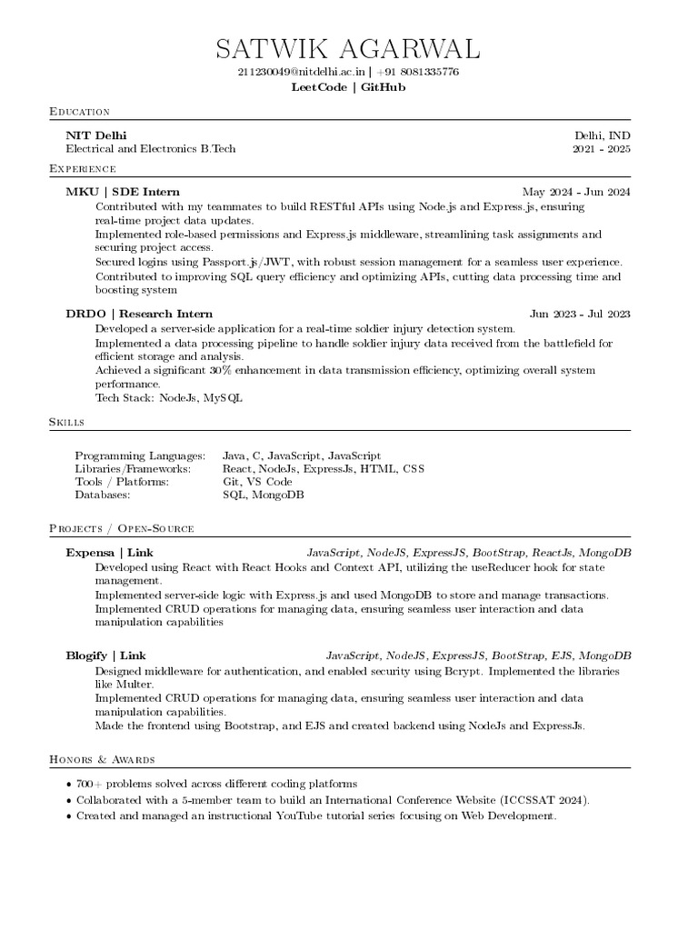 SATWIK's Resume-Hackerresume | PDF | Java Script | Mongo Db